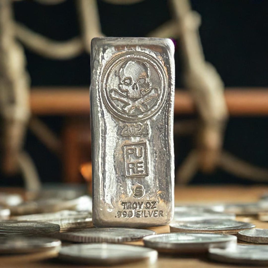 5 Troy Oz Skull & Crossbones Bar, Solid Silver, Unique Handmade ...