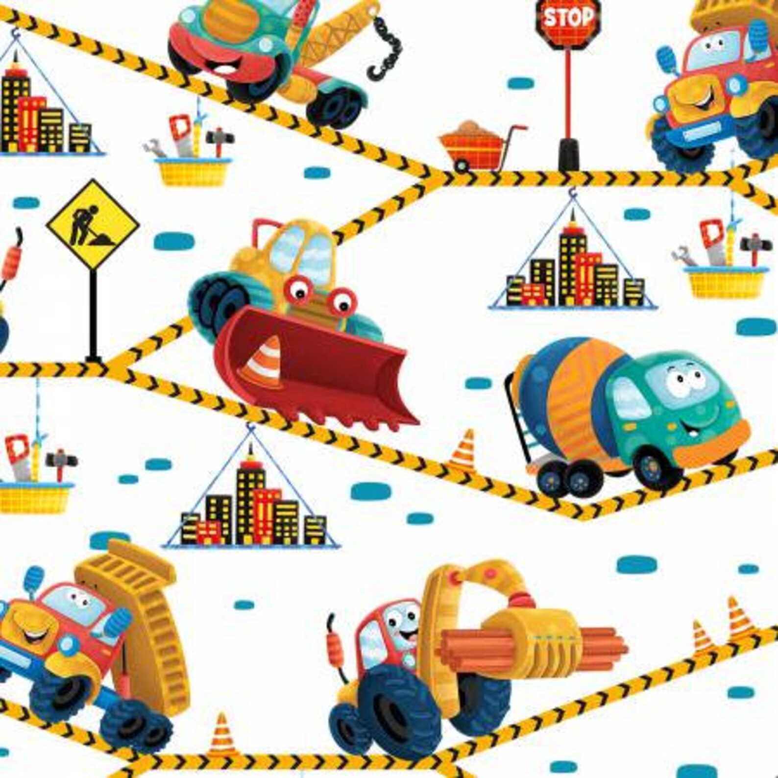 Construction Truck Scenic White/multi-priced by the 1/2 Yard, Cut to ...