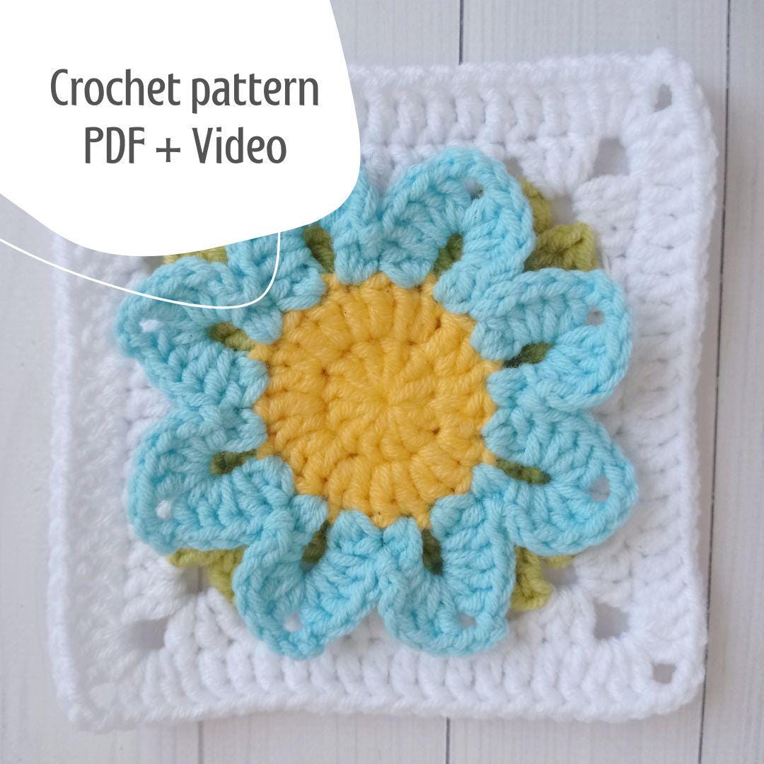 Crochet 3D Blue Flower Granny Square Pattern - PDF and Video - Etsy