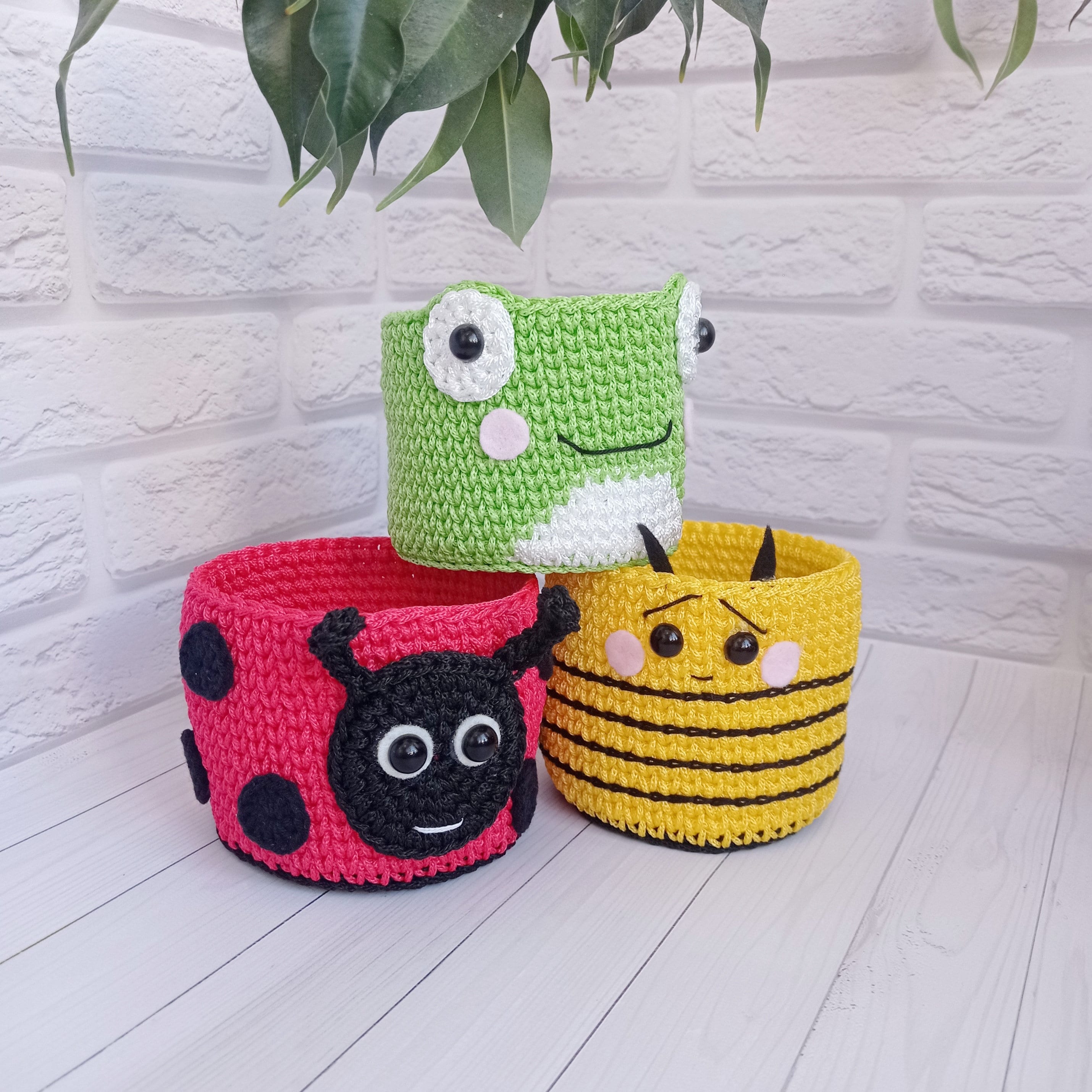 Crochet Frog, Bees and Ladybug Baskets Set - Animals Home Decor - Etsy