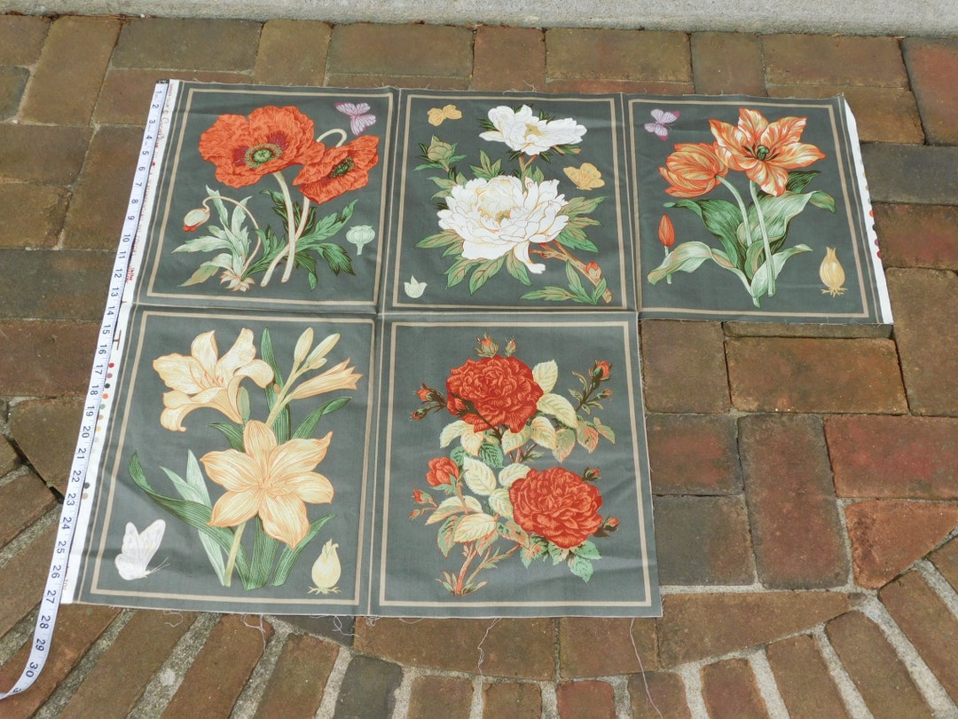 Set of 5 Floral Fabric Panels, DIY Pillows, Bags, Applique, Garden Club ...