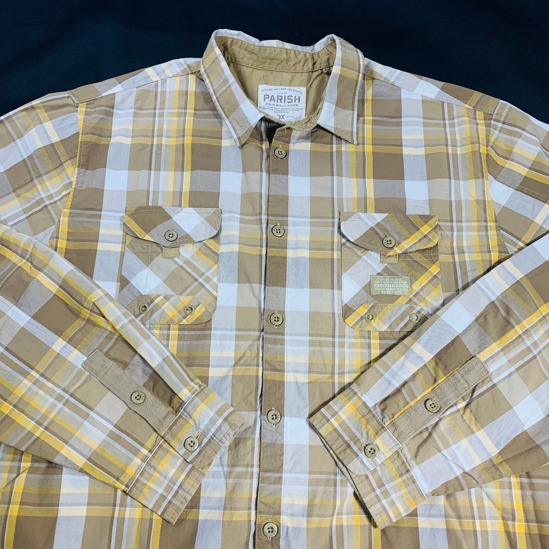 Parish Nation Tan White Yellow Plaid Button up Collared Shirt Size 3XL ...