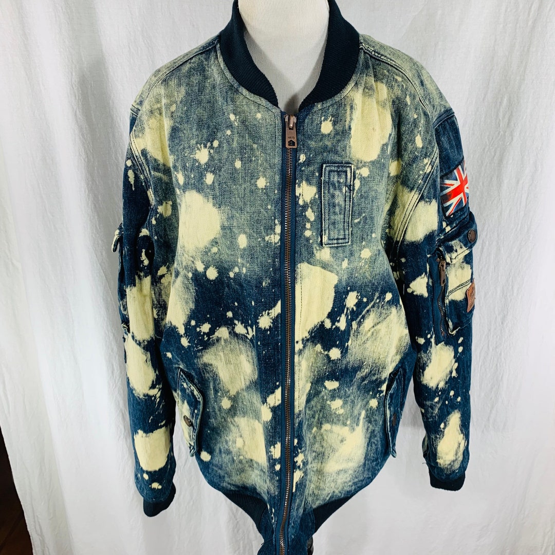 Heritage America Blue Denim Bleach Spot Design Blue Jean Bomber Jacket ...