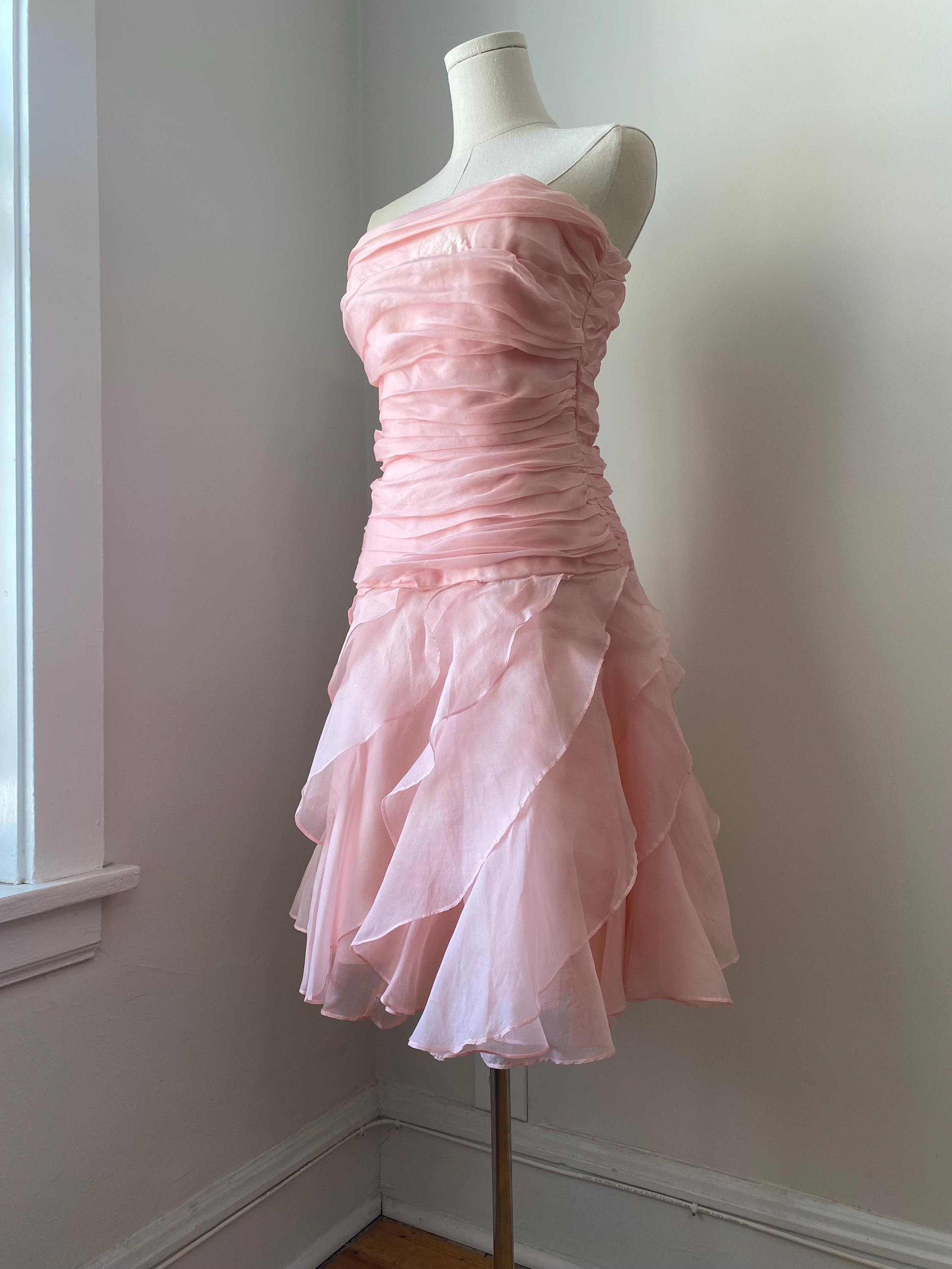 Vintage 80s Pretty in Pink Short Strapless Pleated Chiffon Ruffle Dress ...