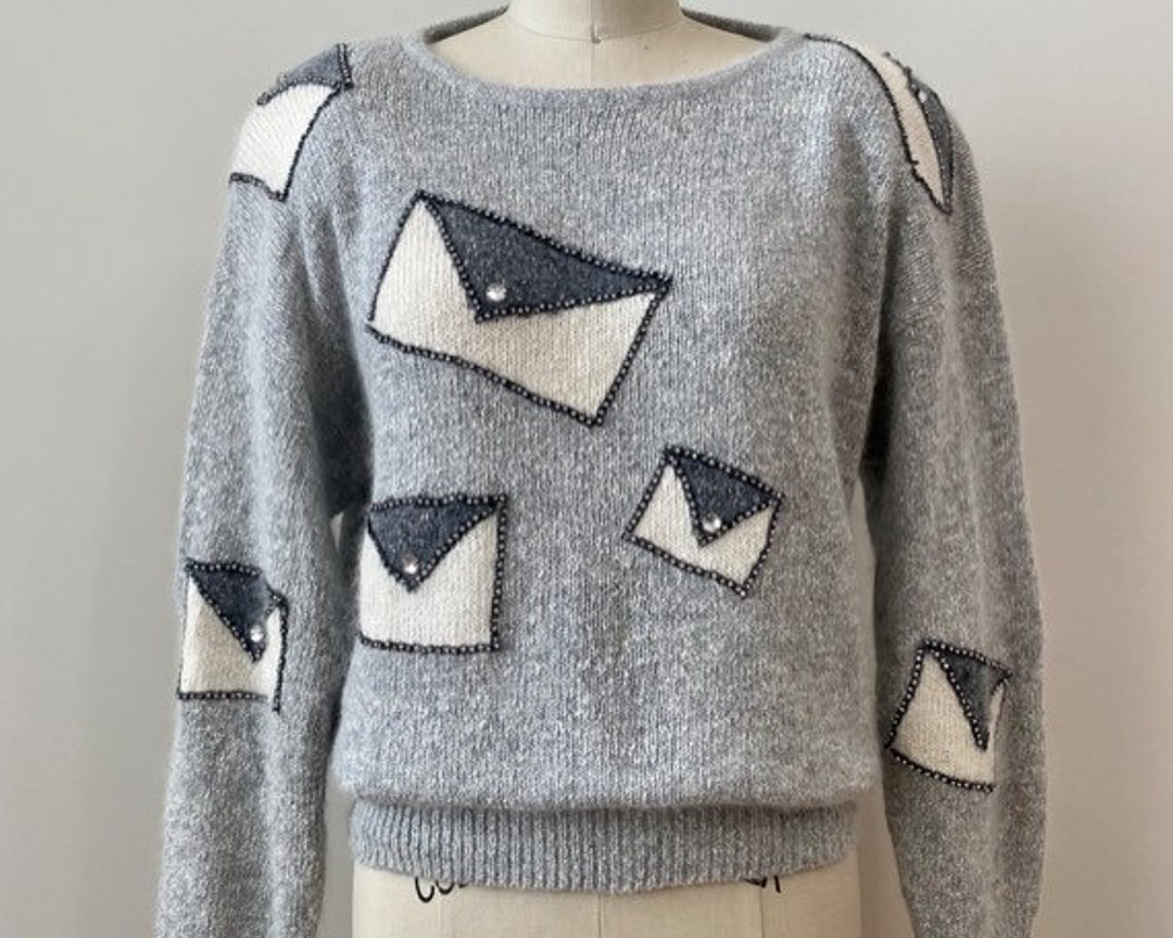 Vintage 1980s Grey Angora Silk Sweater With Rhinestone Appliqué by L.B Diffusion Medium - Etsy