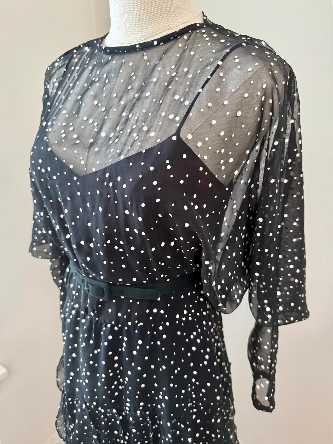 Vintage 80s Sheer Black and White Polka Dot Ruffle Skirt Party Dress by ...