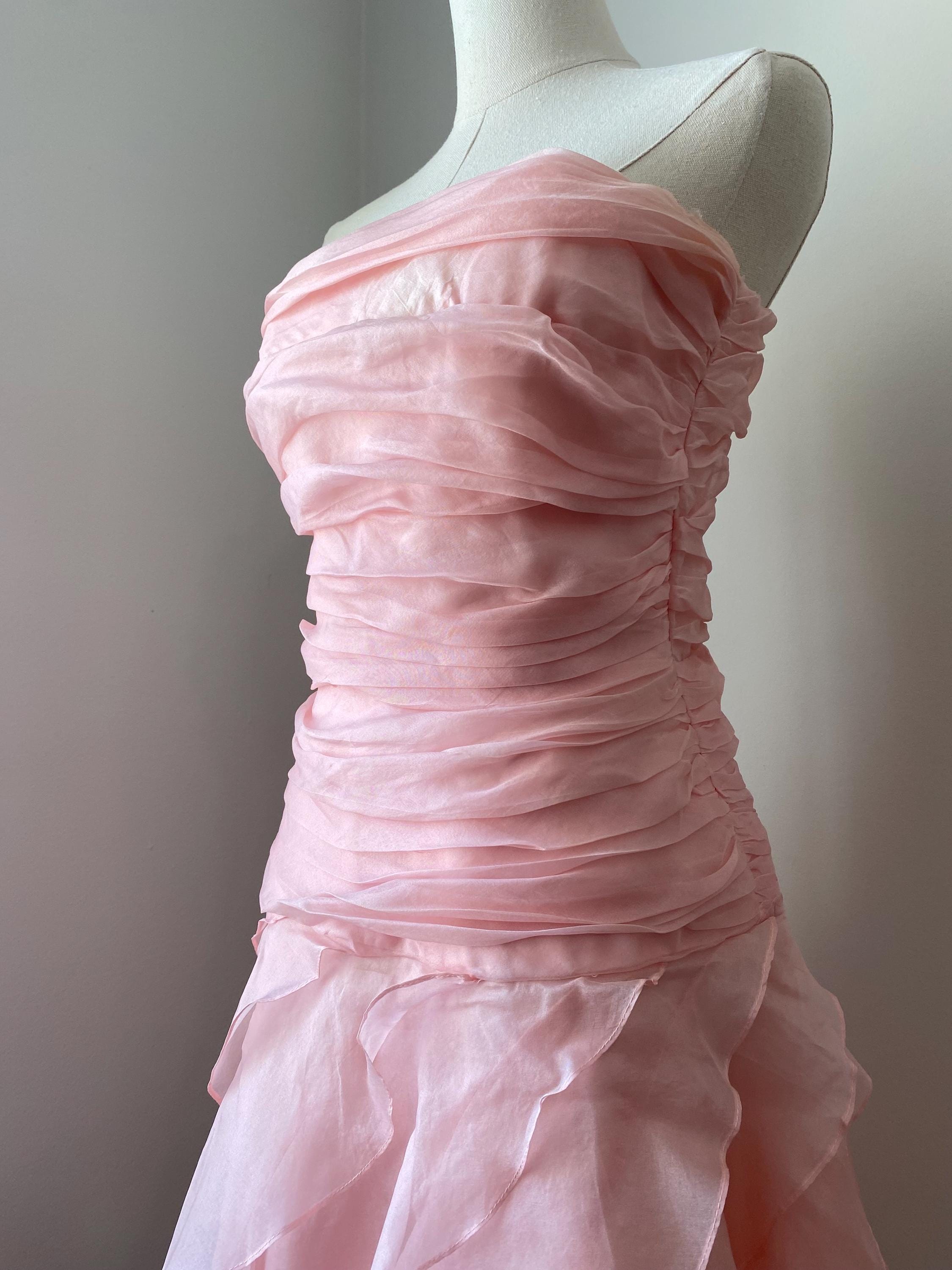 Vintage 80s Pretty in Pink Short Strapless Pleated Chiffon Ruffle Dress ...