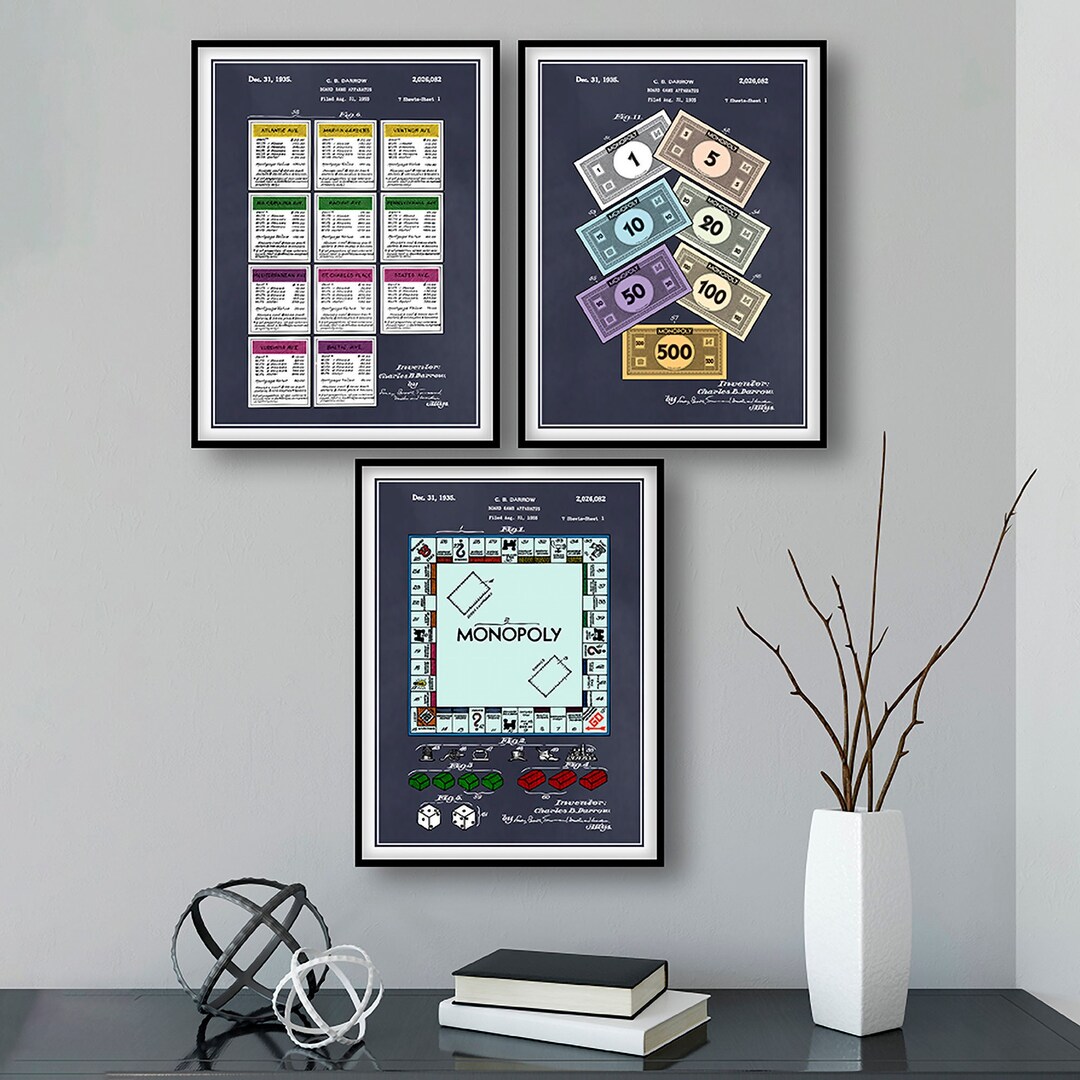 Gallery Wall 1935 MONOPOLY Set of 3 Patent Prints Colorized, Board Game ...