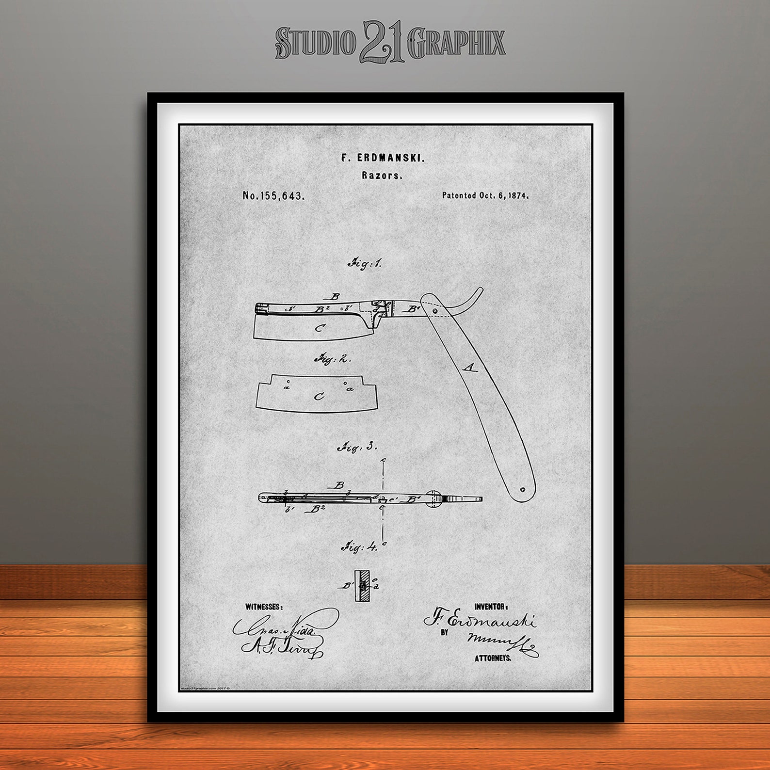 1874 Straight Razor Patent Print Patent Print Barber Art | Etsy
