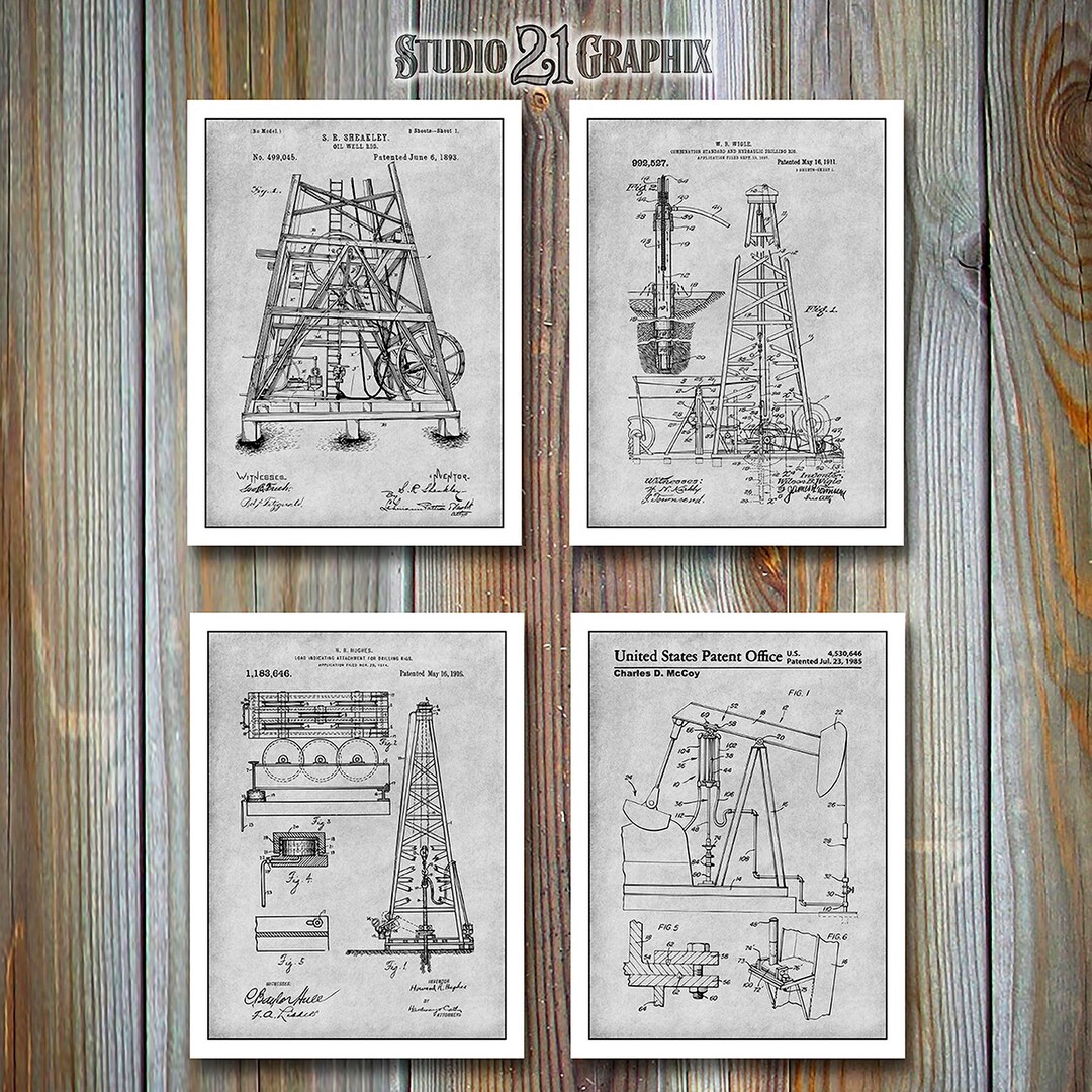 Gallery Wall Oil Drilling Rigs Set of 4 Patent Prints , Wildcatter, Oil ...