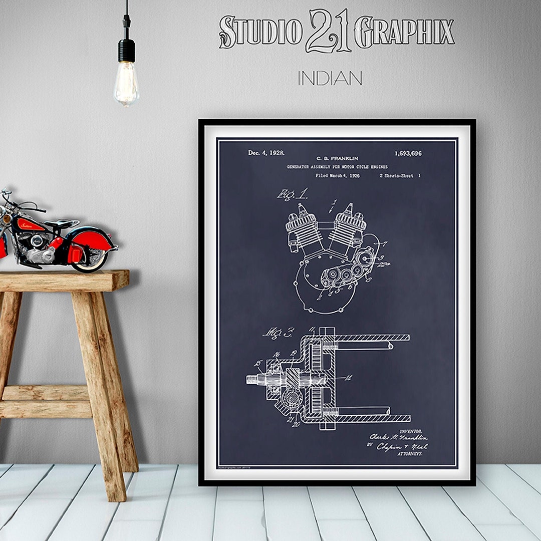1926 Indian Motorcycle Engine Generator Patent Print, Indian Decor ...