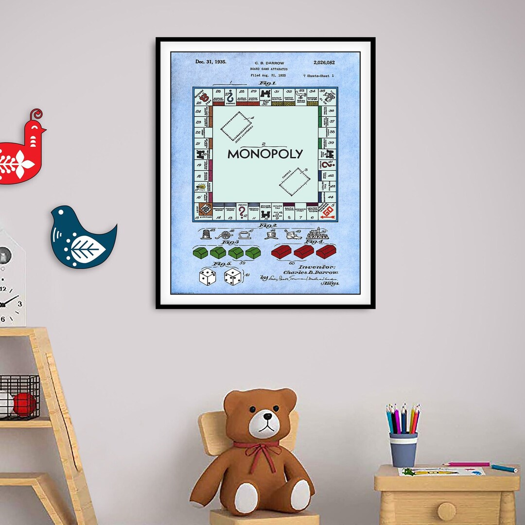 1935 Colorized Monopoly Patent Print, Board Game Poster, Game Room ...