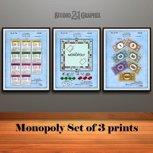 1935 MONOPOLY Set of 3 Patent Prints Colorized, Board Game Poster, Game ...