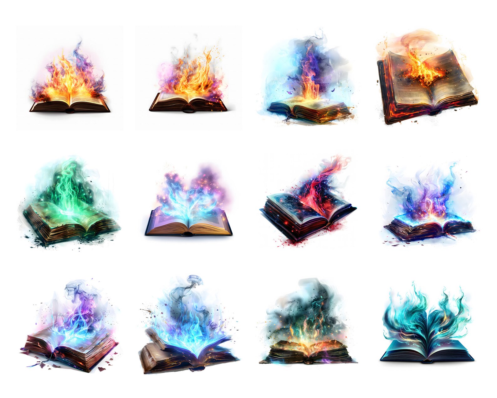 Magical Flame Open Books Clipart, 12 High Quality JPG, Fantasy Wizard ...