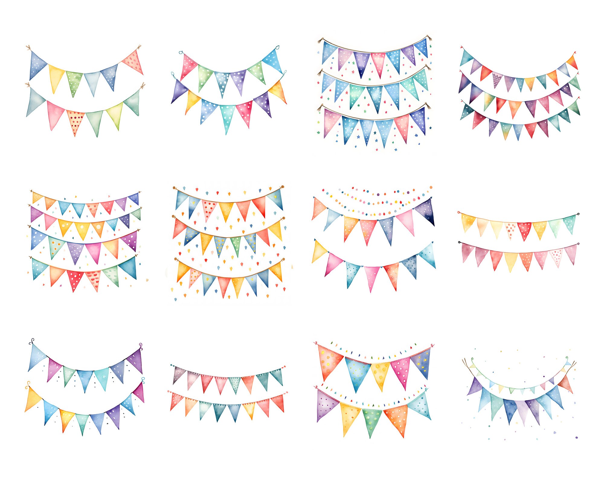 Watercolor Bunting Clipart, Bunting Banners, 12 High-quality JPG ...