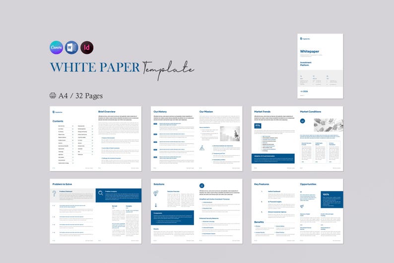 Canva Printable White Paper Template, White Paper 32 Pages, Word and Indesign Whitepaper ...