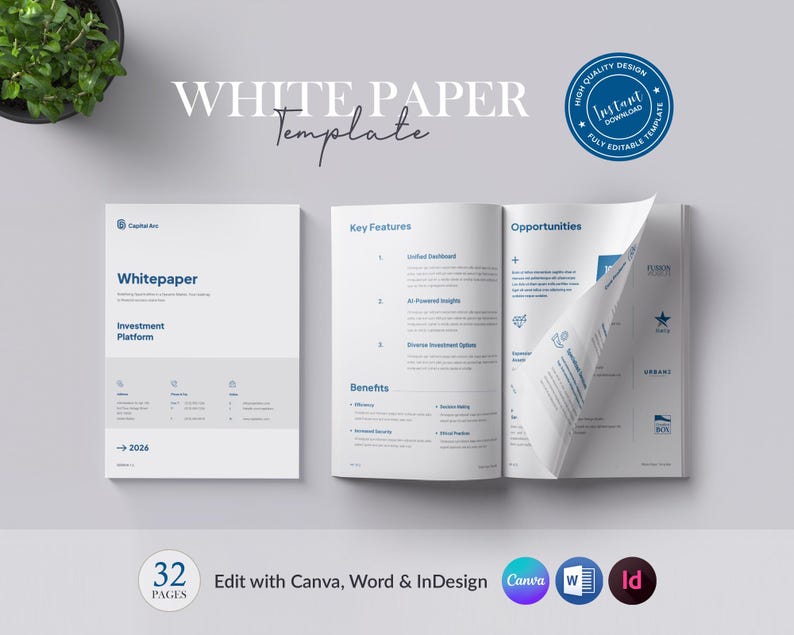 Canva Printable White Paper Template, White Paper 32 Pages, Word and Indesign Whitepaper ...