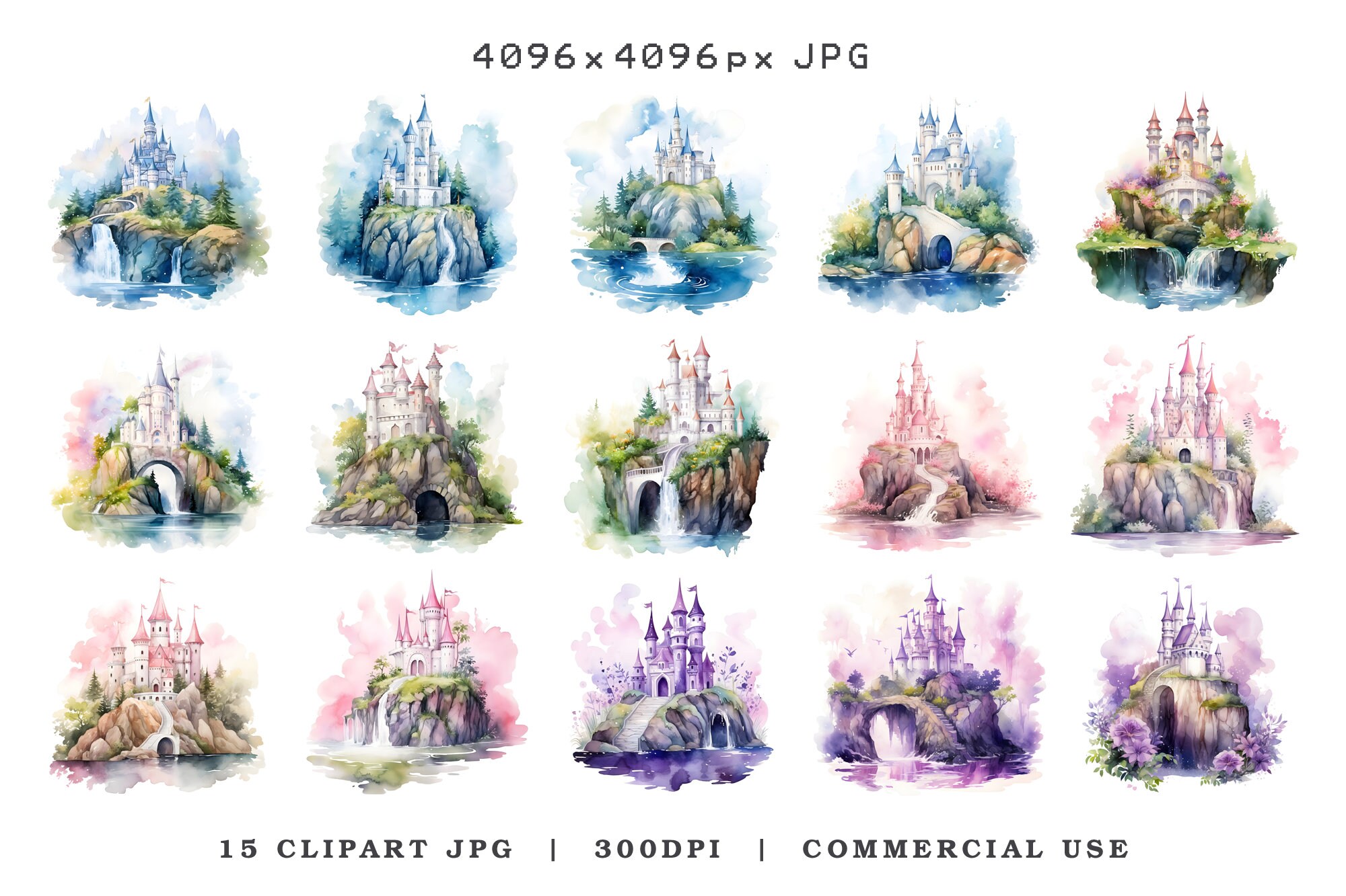 Watercolor Princess Castle Clipart, Fairy Tale Castle and Nature ...