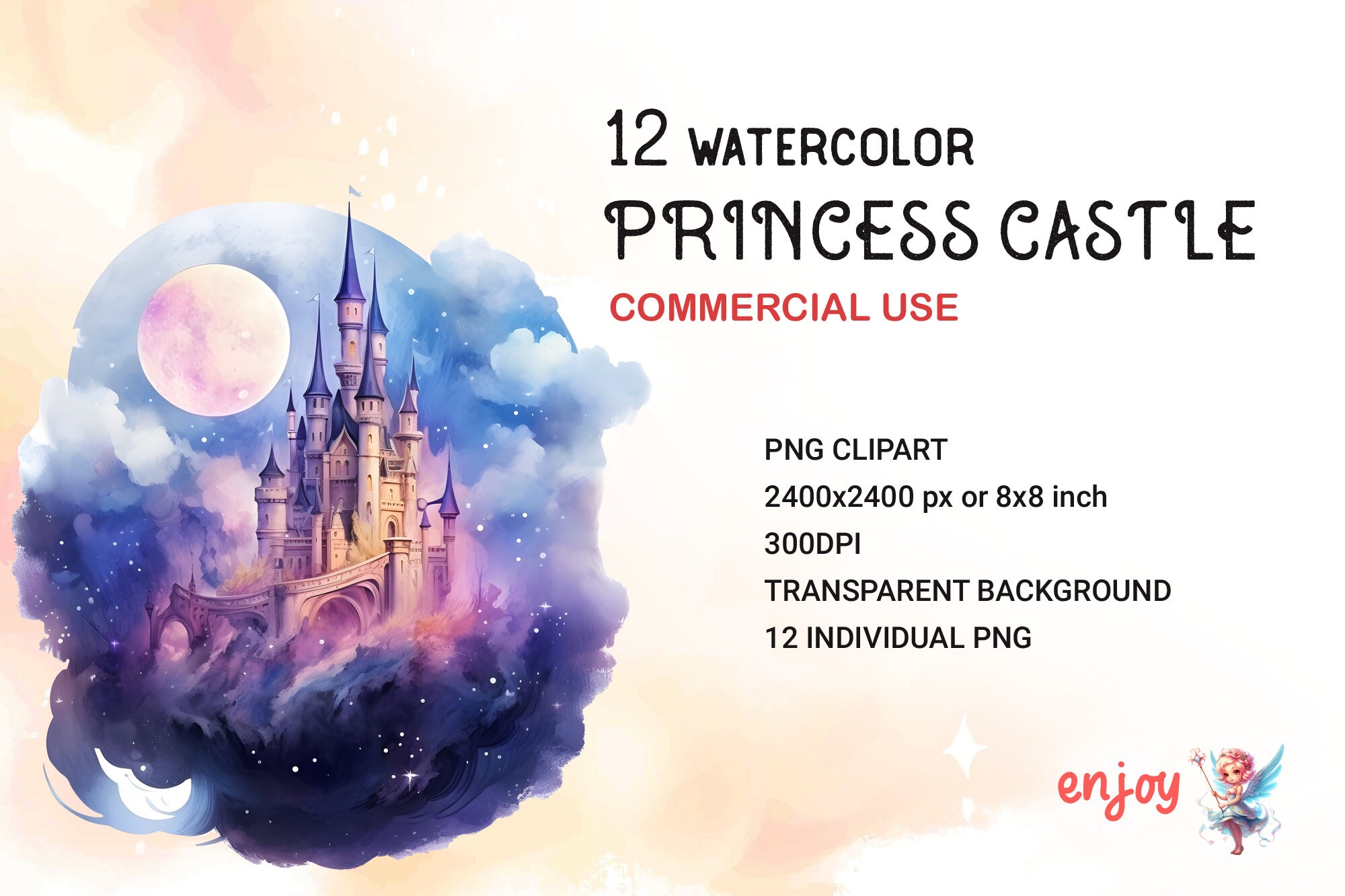 Watercolor Castle Clipart, Fairy Tale Princess Castle, Princess Birthday Castle, High-quality ...