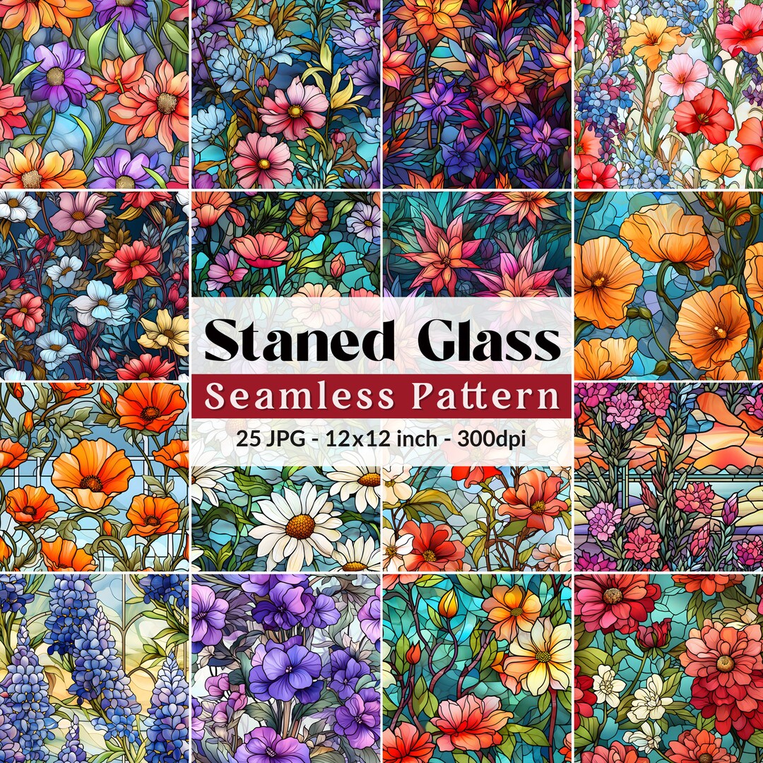 Wildflowers Stained Glass Seamless Patterns | 25 High Quality JPG ...