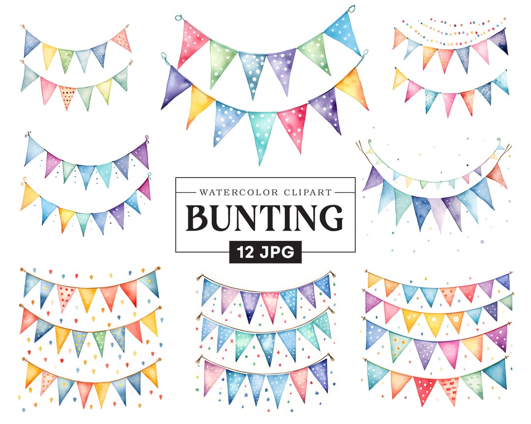 Watercolor Bunting Clipart, Bunting Banners, 12 High-quality JPG ...
