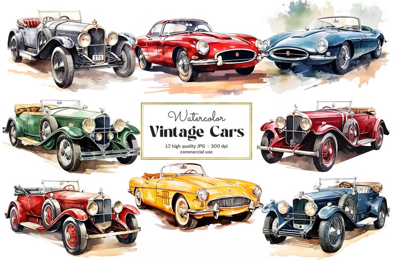 Watercolor Vintage Cars Clipart, 12 High Quality JPG, Printable ...
