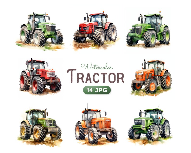 Watercolor Tractor Clipart, Farm Tractor Clipart, 14 High Quality JPG ...