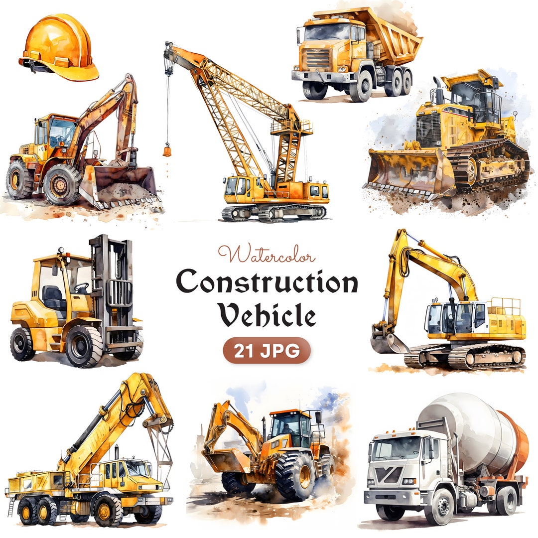 Watercolor Construction Vehicle Clipart, Kid's Birthday Party Decor ...