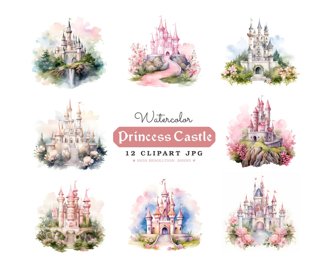 Little Princess Watercolor Castle Clipart, Fairy Tale Castle Clipart ...