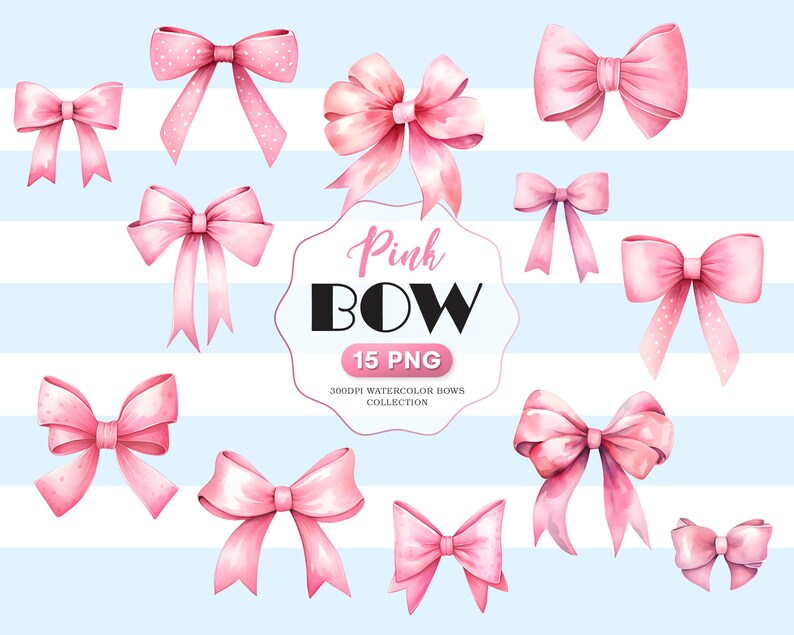Watercolor Pink Bows Clipart, Pink Ribbon Clipart, 15 High Quality PNG ...
