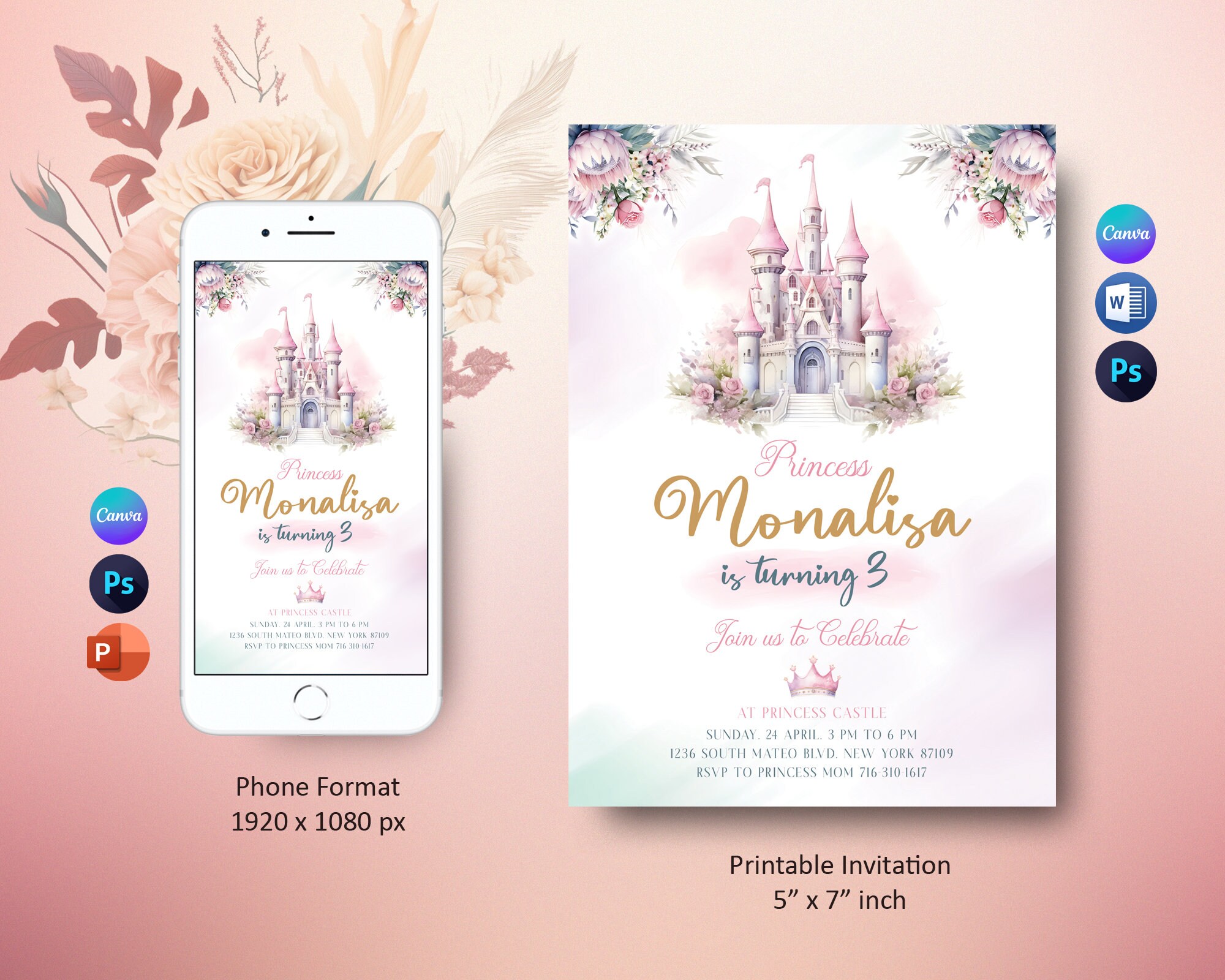 Editable Princess Birthday Invitation, Princess Birthday Party ...