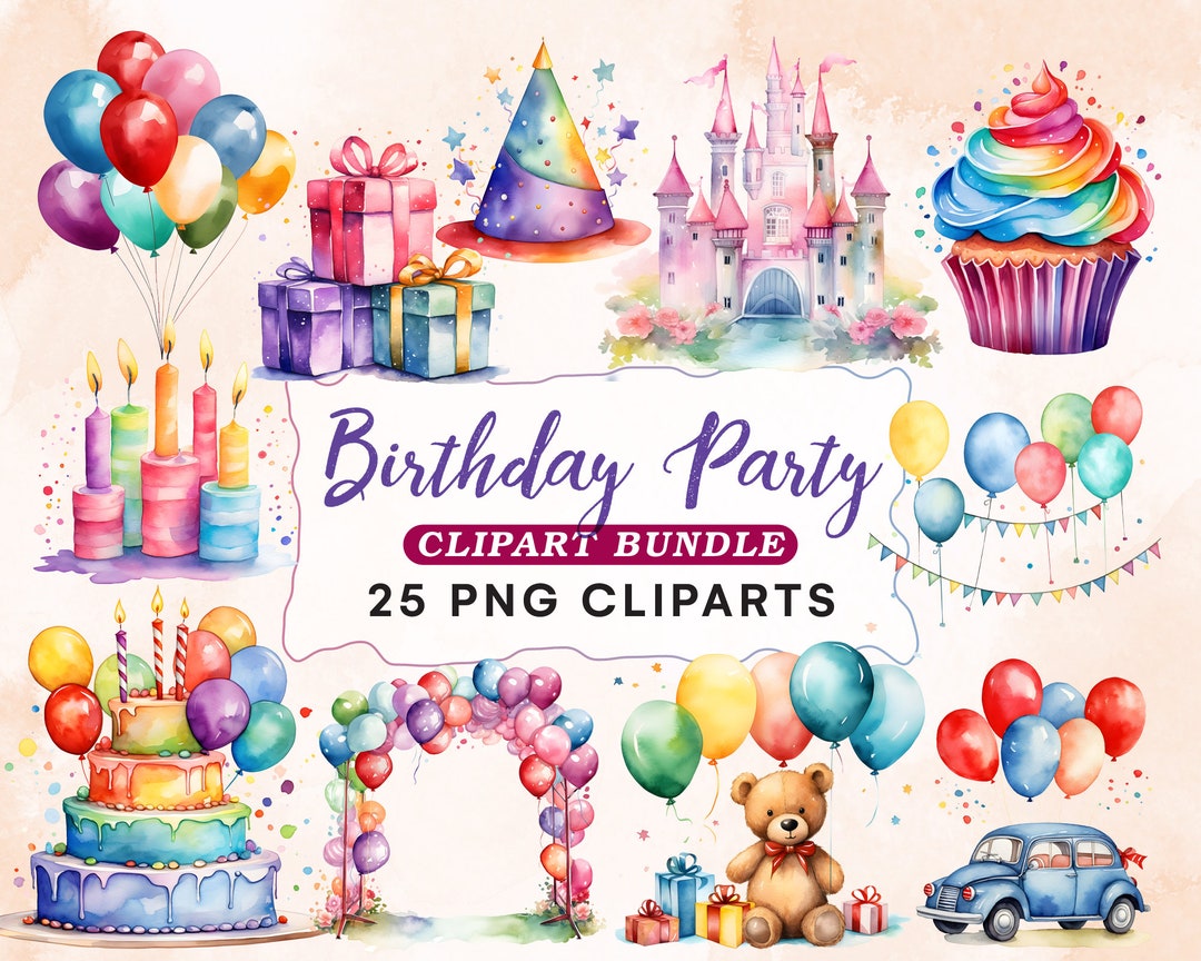 Birthday Party Clipart Bundle, 25 Birthday Clipart PNG, Birthday ...