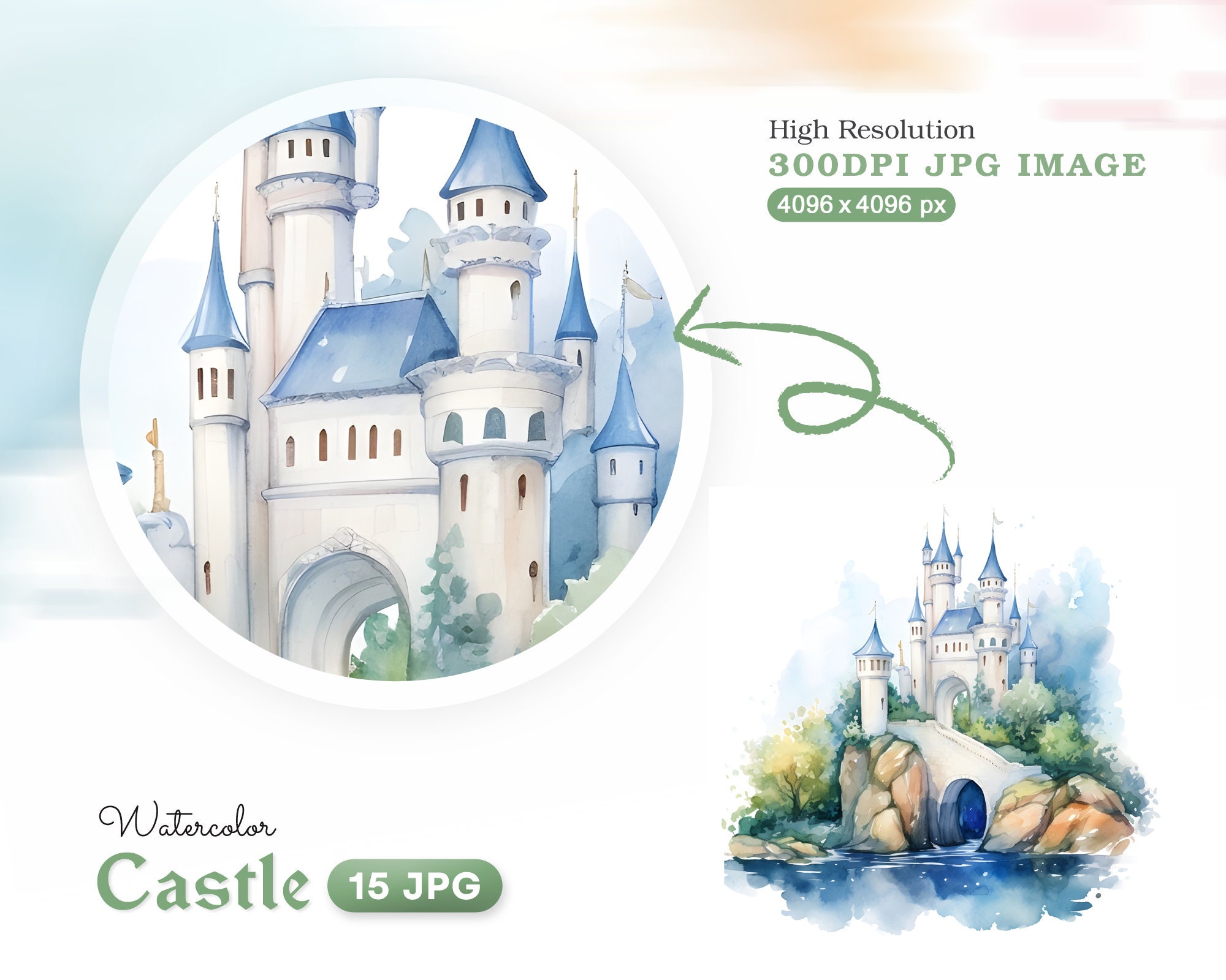 Watercolor Princess Castle Clipart, Fairy Tale Castle and Nature, Princess Birthday Castle ...