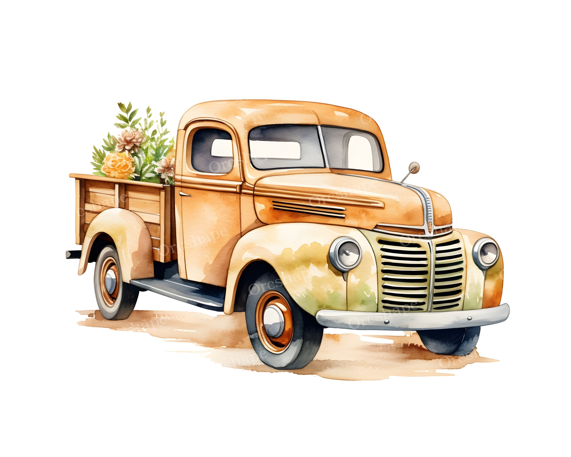 Vintage Pickup Truck Clipart, Watercolor Farm Truck Clipart, 12 High ...