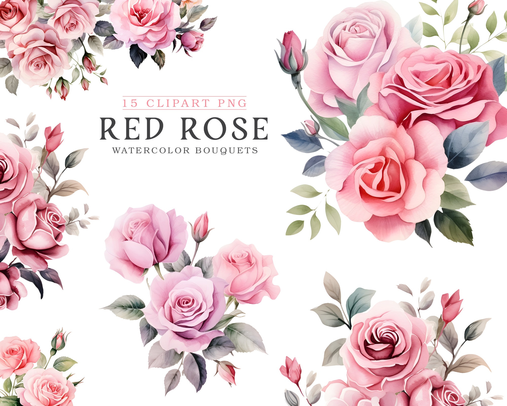 Watercolor Floral Clipart, Red Rose Flowers Clipart, Watercolor Roses ...