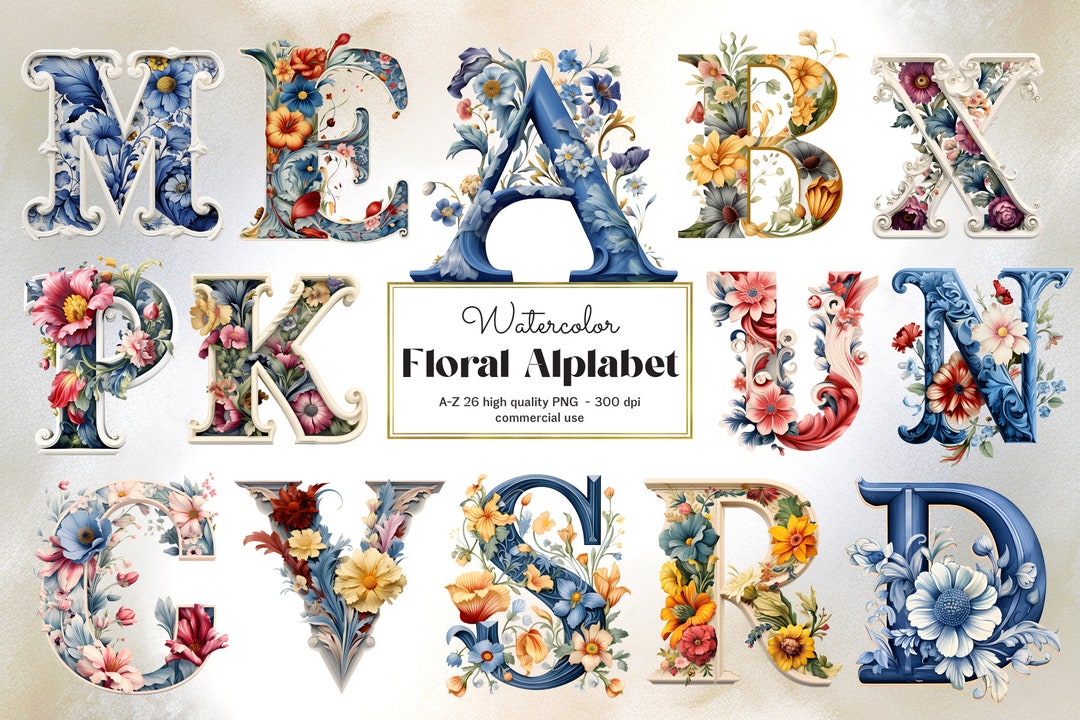 A-Z Floral Alphabet Clipart Collection, Wild Flowers Alphabet, 26 PNG ...