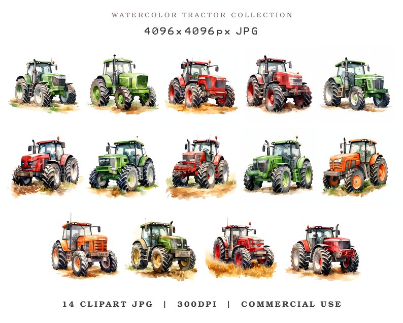 Watercolor Tractor Clipart, Farm Tractor Clipart, 14 High Quality JPG ...