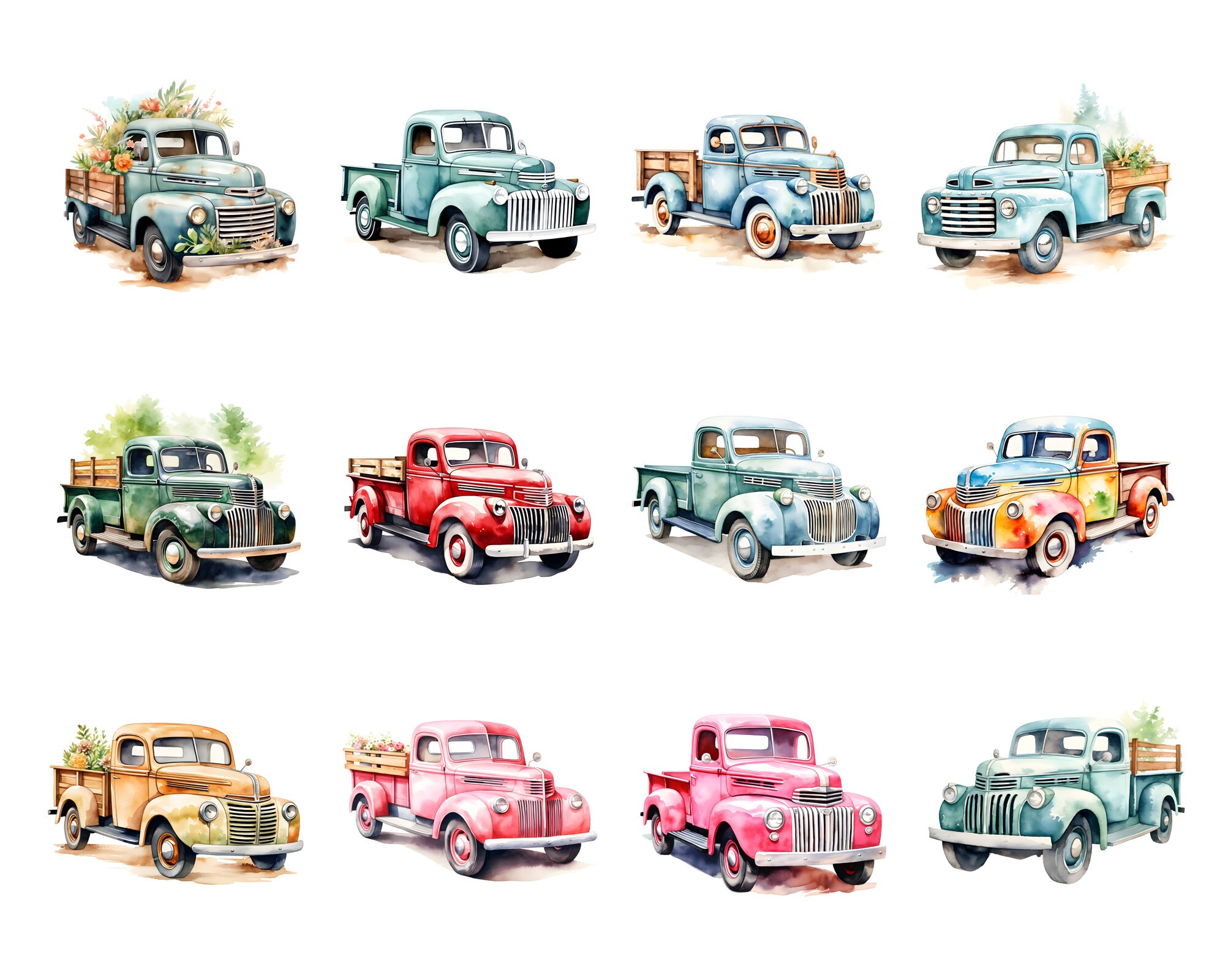 Vintage Pickup Truck Clipart, Watercolor Farm Truck Clipart, 12 High ...