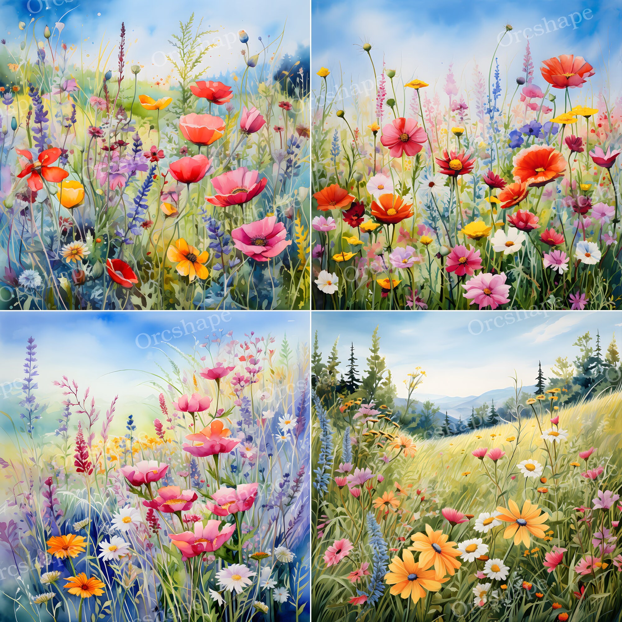 Wildflower Meadow Clipart, 12 High Quality JPG, Watercolor Wildflower ...