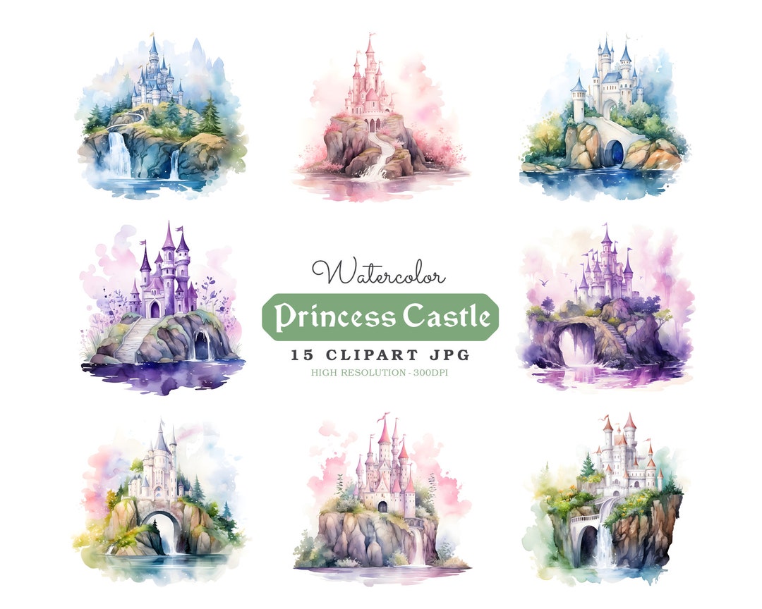 Watercolor Princess Castle Clipart, Fairy Tale Castle and Nature, Princess Birthday Castle ...