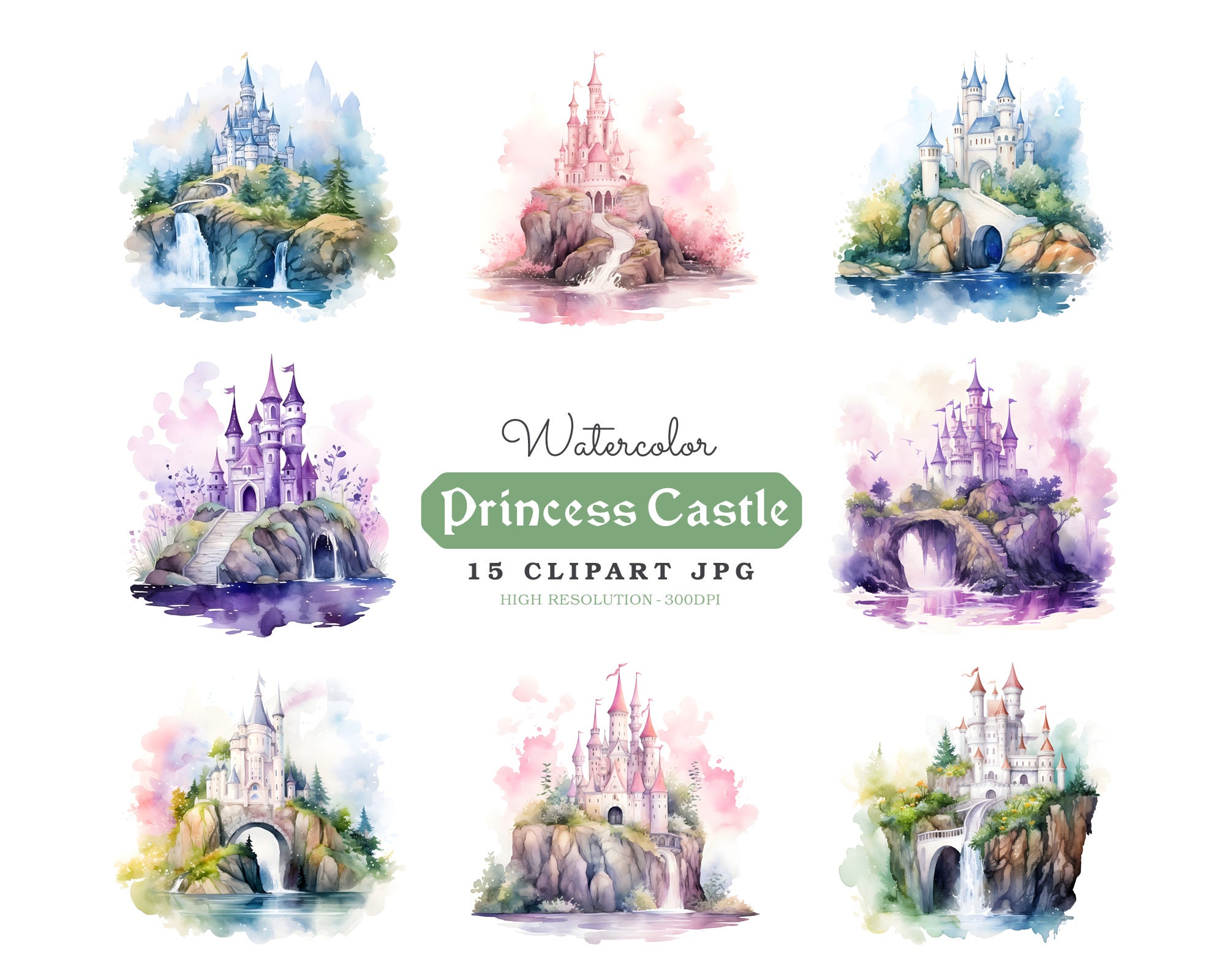Watercolor Princess Castle Clipart, Fairy Tale Castle and Nature ...