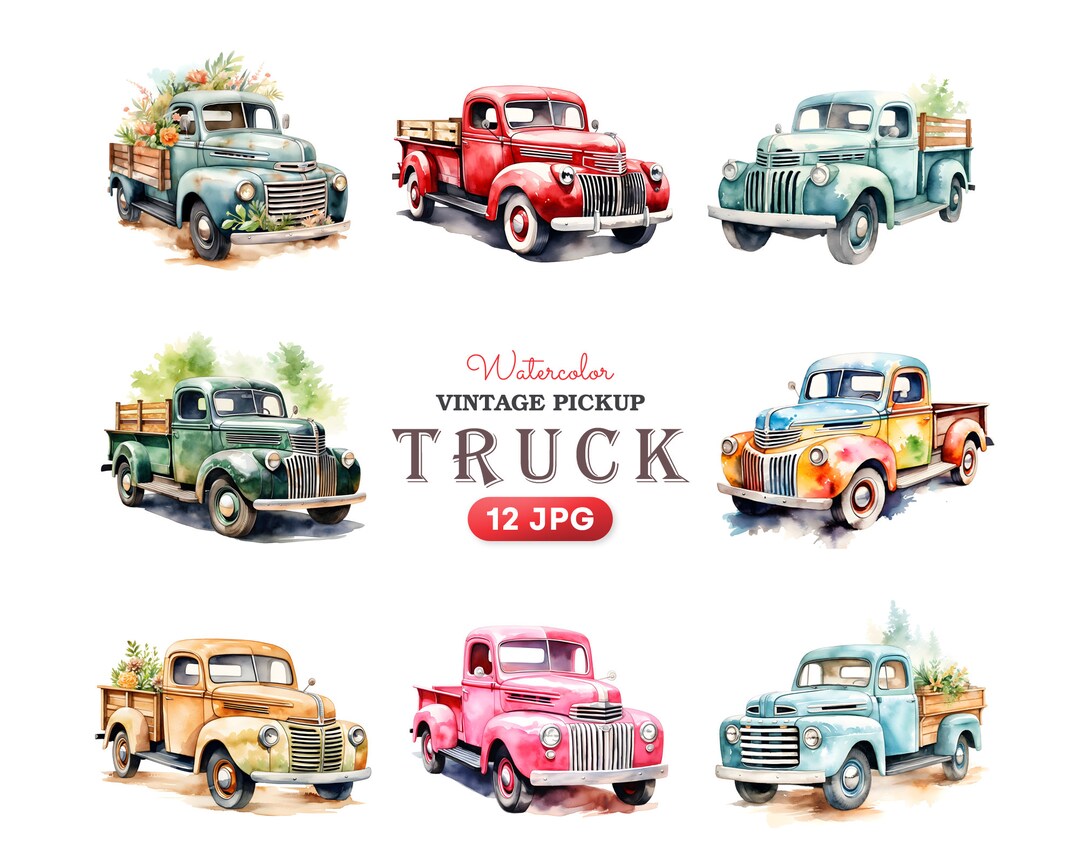 Vintage Pickup Truck Clipart, Watercolor Farm Truck Clipart, 12 High ...