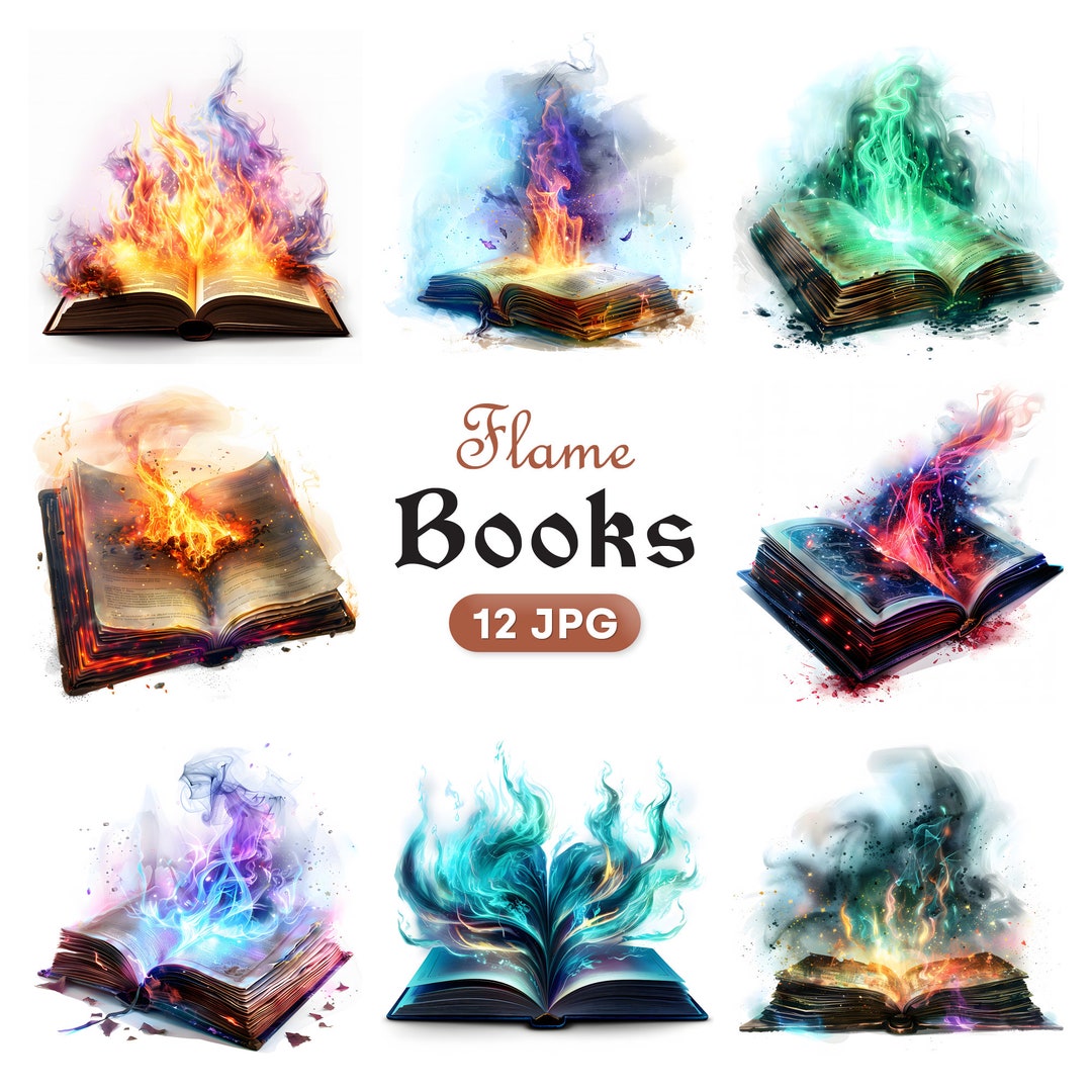 Magical Flame Open Books Clipart, 12 High Quality JPG, Fantasy Wizard ...