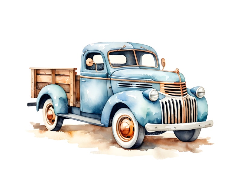 Vintage Pickup Truck Clipart, Watercolor Farm Truck Clipart, 12 High ...