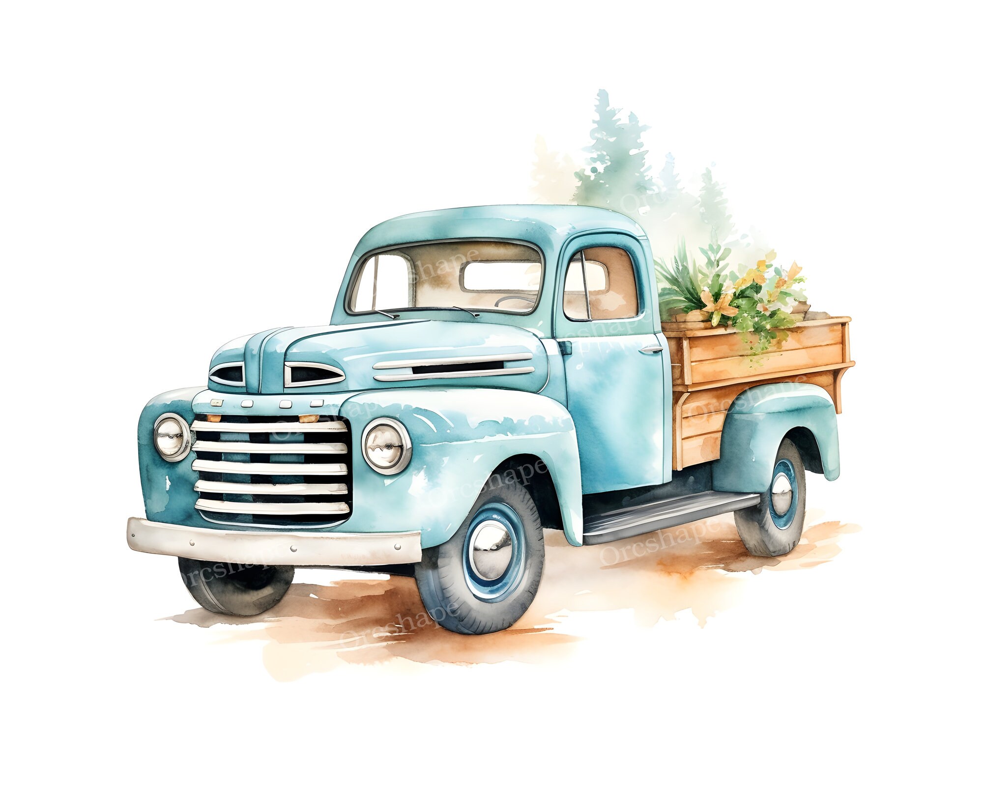 Vintage Pickup Truck Clipart, Watercolor Farm Truck Clipart, 12 High ...
