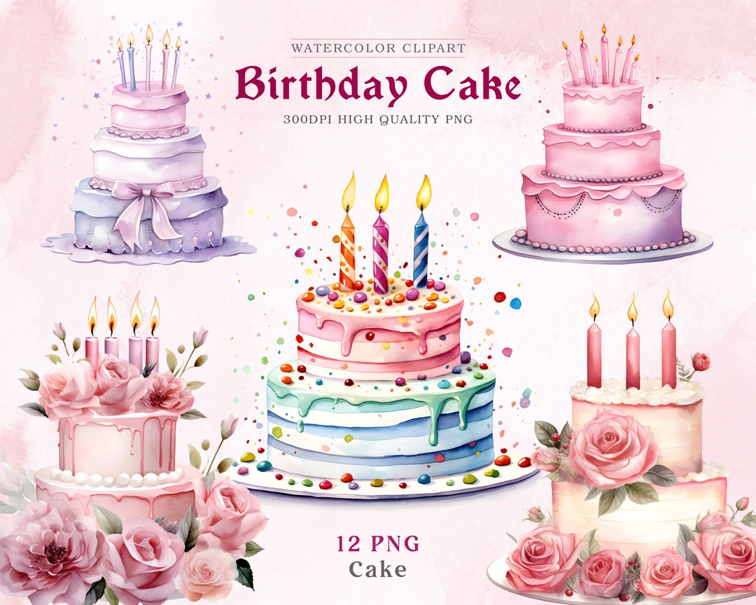 Watercolor Party Cake Clipart, Birthday Cake Clipart, 12 High-quality ...