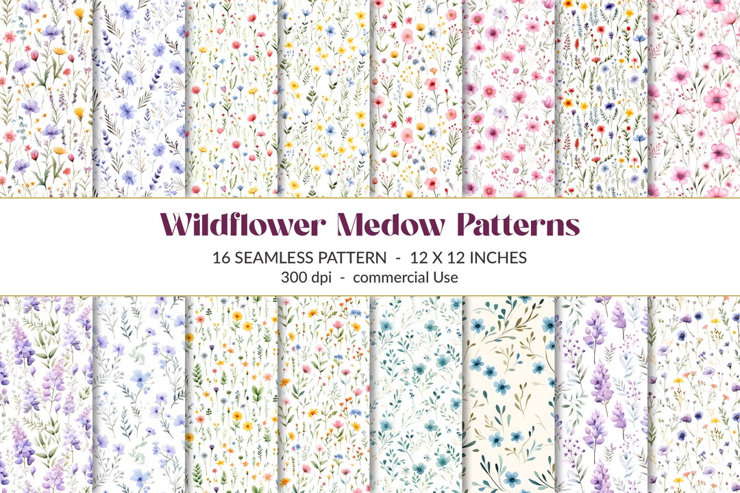 Wildflower Meadow Seamless Patterns, 16 Printable Wildflower Digital ...