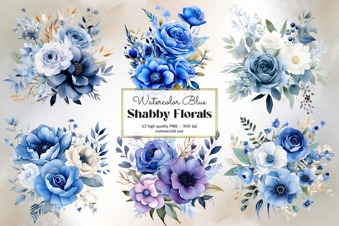 Watercolor Shabby Chic Floral Clip Art, 12 High Quality PNG, Retro Blue ...