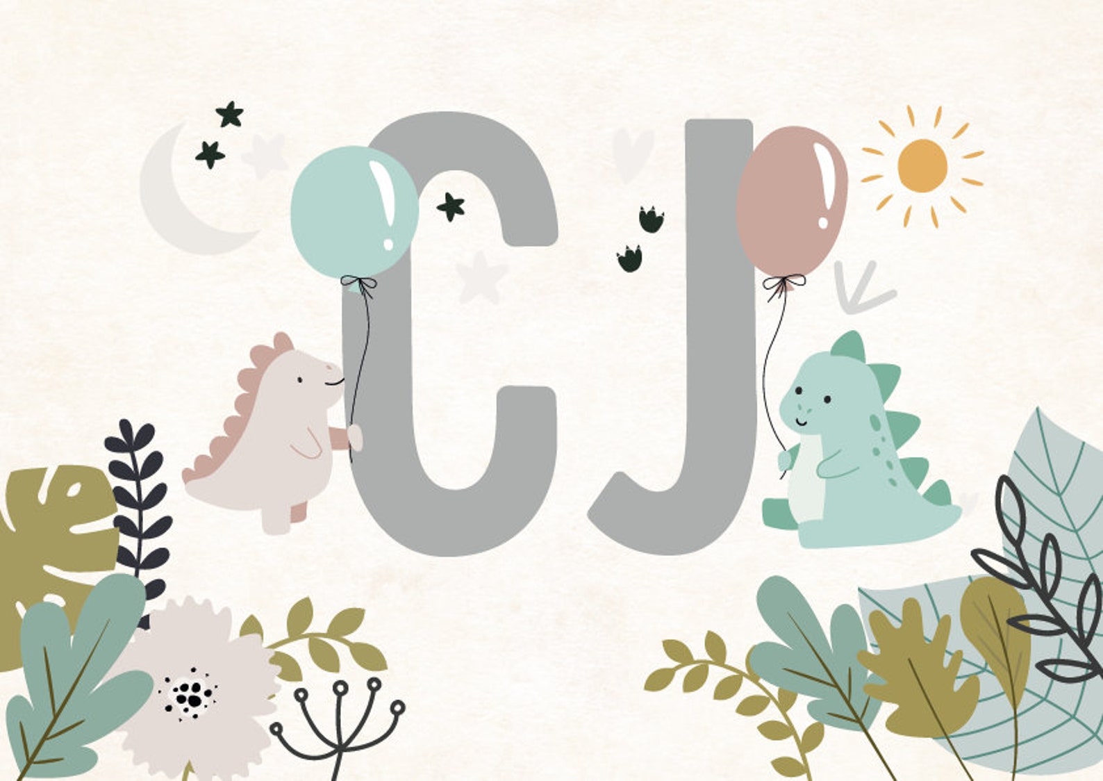 Initial New Born Dino Dinosaur Kids Personalised Print - Etsy