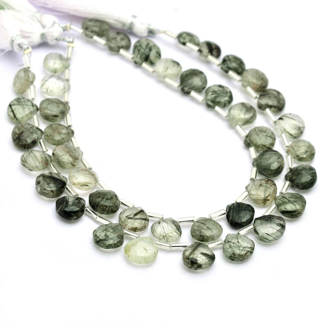 Green Rutilated Quartz 8mm Heart, AAA+ Gemstone Faceted Briolette Beads ...